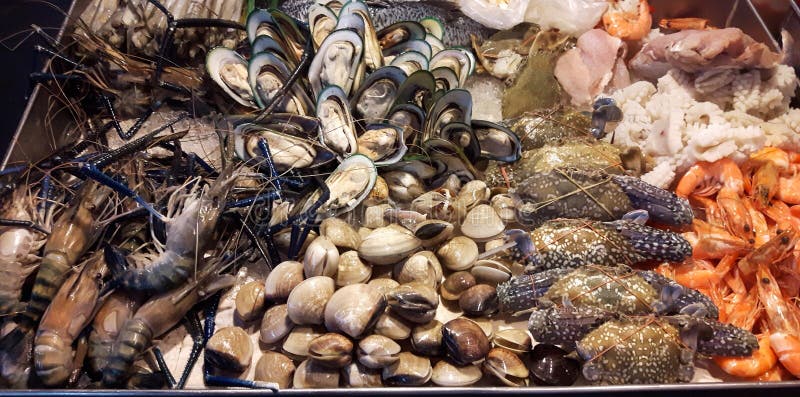 Mixed fresh seafood. stock image. Image of market, kitchen - 131889171