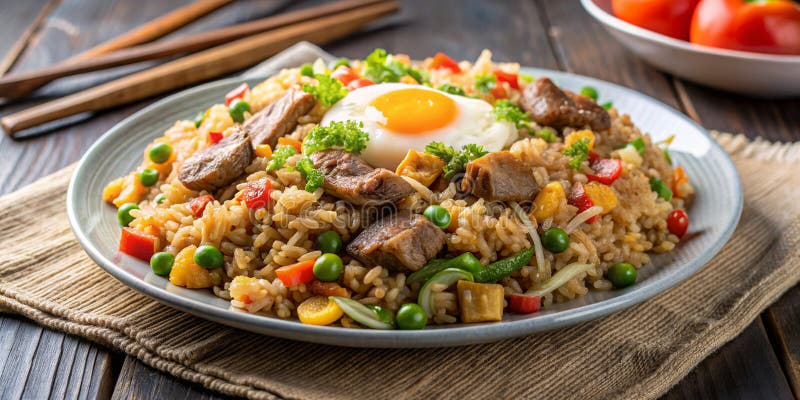Mixed Fried Rice Served on a Plate Including Egg Chicken Beef and Pork ...