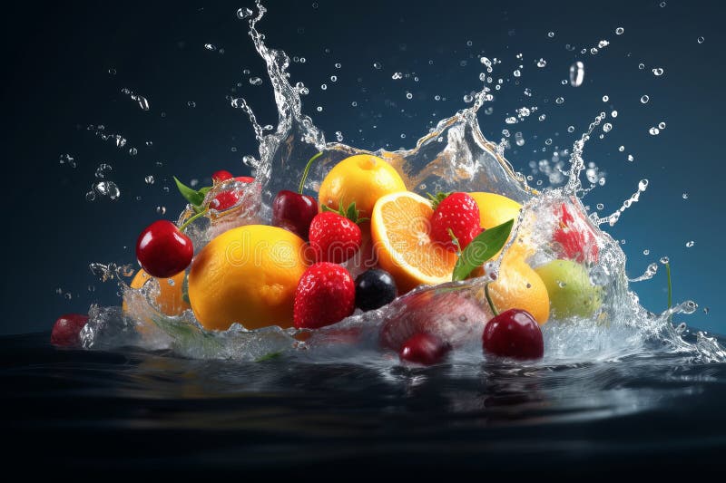 Mixed Fruit on Black Background Water Splash Stock Illustration ...