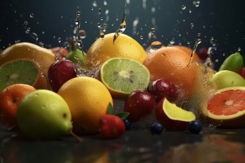 Mixed Fruit on Black Background Water Splash Stock Illustration ...