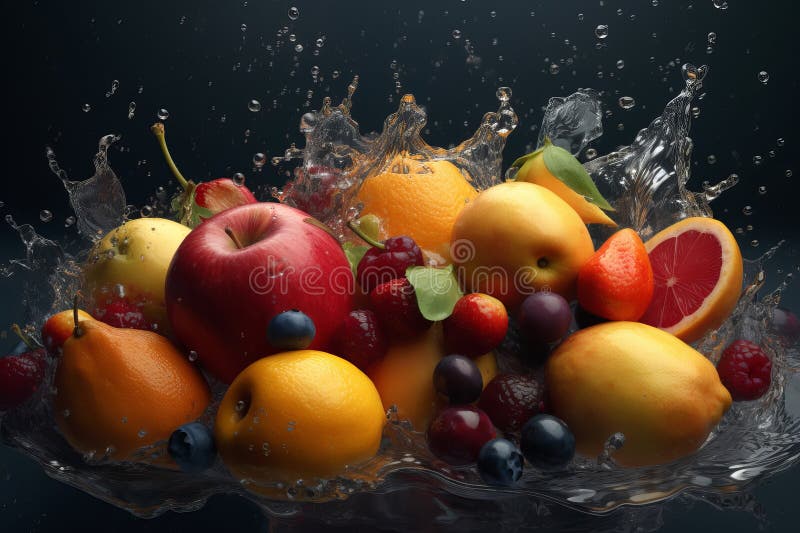 Mixed Fruit on Black Background Water Splash Stock Illustration ...