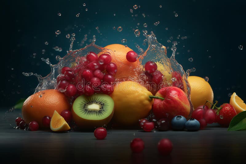 Mixed Fruit on Black Background Water Splash Stock Illustration ...