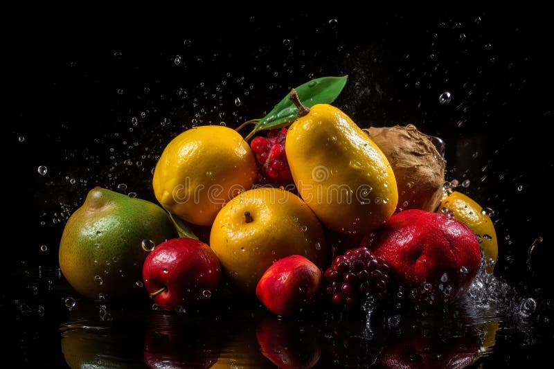 Mixed Fruit on Black Background Water Splash Stock Illustration ...