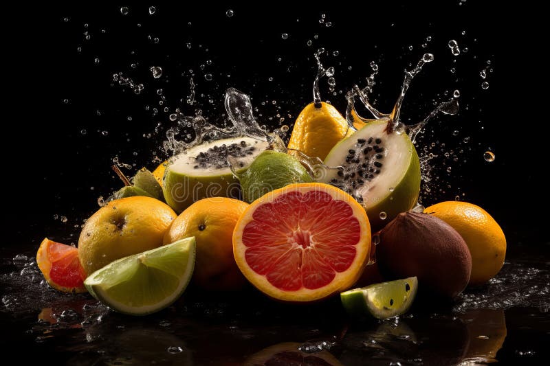 Mixed Fruit on Black Background Water Splash Stock Illustration ...