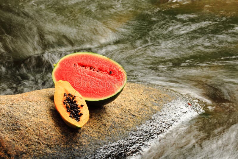 Half Watermelon and Papaya on the Rocks Stock Photo - Image of heap ...