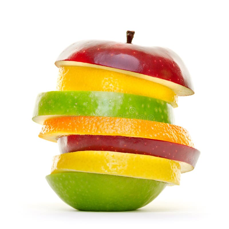 Mixed Fruit Slices Piled Up and Isolated on Green Background Stock ...