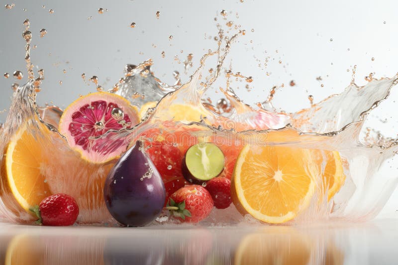 Mixed Fruit on White Background Water Splash Stock Illustration ...