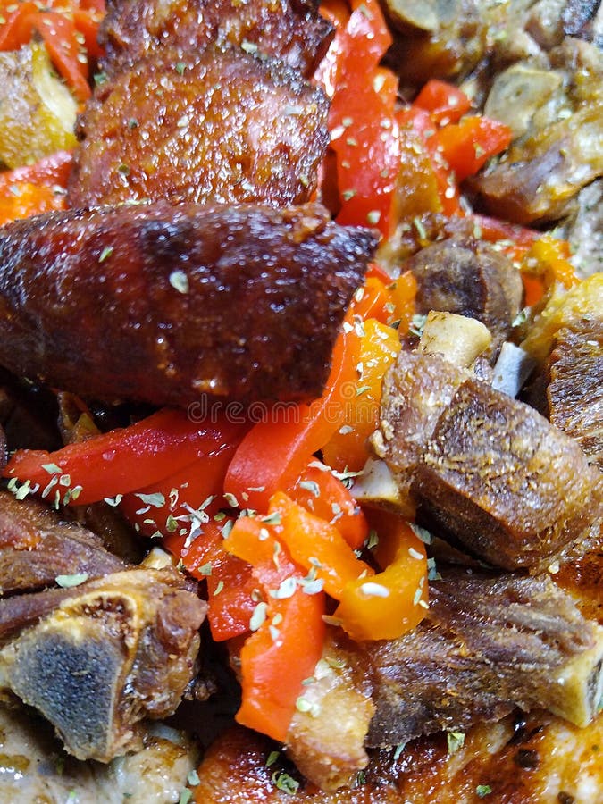 Mixed Grilled Meats on Rustic Dining Table Stock Image - Image of juicy ...