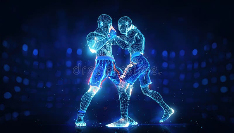 Mixed Martial Arts Combat is Illustrated in a Blue Wireframe Design ...