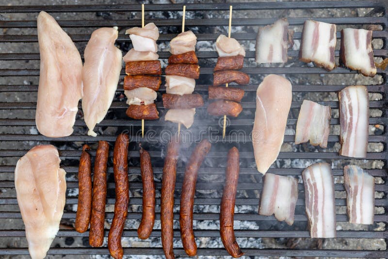 Mixed Meat Grilled on Barbecue Outside in the Picnic Stock Photo ...
