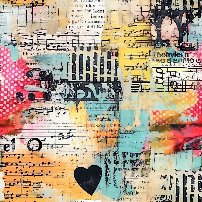 Mixed Media Art, Seamless Pattern with Collage of Musical Notes and ...