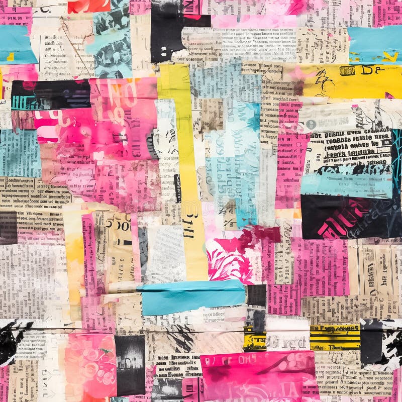 Mixed Media Art, Seamless Pattern with Colorful Collage of Newspaper ...
