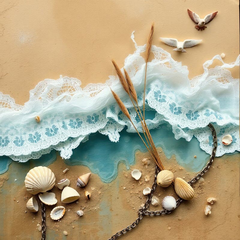 Mixed Media Beach Collage with Shells, Lace, and Natural Sand Textures ...