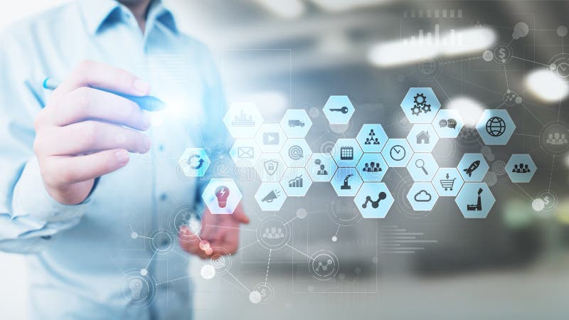 Mixed Media, Business Intelligence Icons on Virtual Screen, Analysis ...