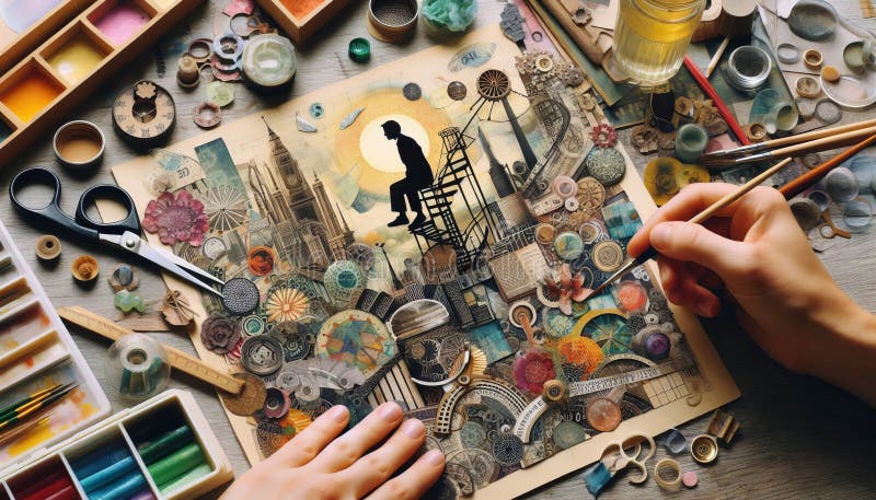 Mixed Media Collage Artist Creates Handmade Collages Using a Va Stock ...