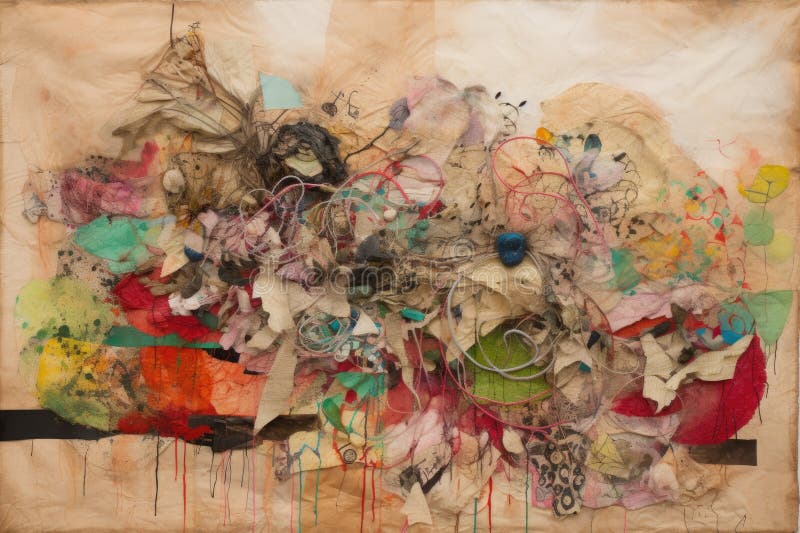 Mixed Media Collage with Numerous Materials, Including Paint, Paper ...