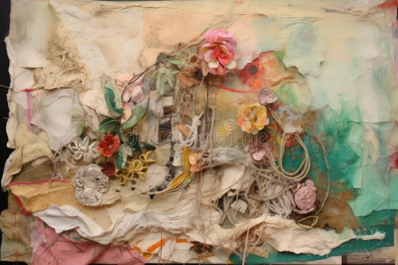 Mixed Media Collage with Numerous Materials, Including Paint, Paper ...