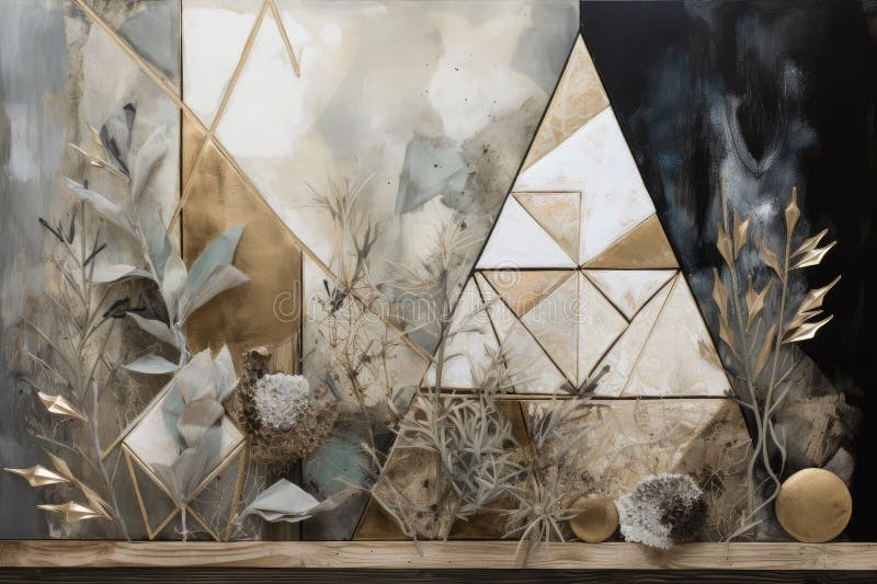 Mixed-media Geometric Composition with Metallic Accents and Natural ...