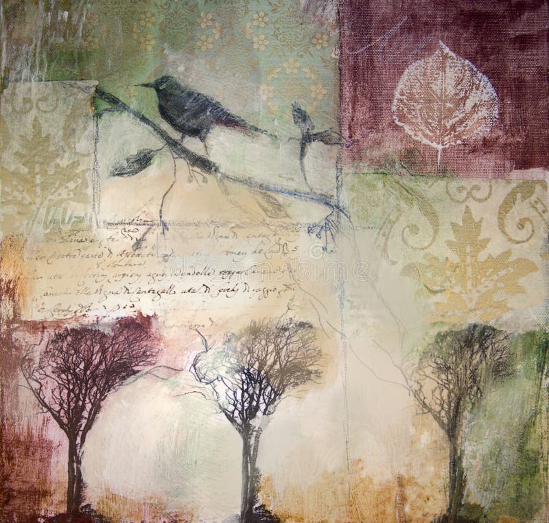 Mixed Media Painting with Bird and Trees Stock Illustration ...