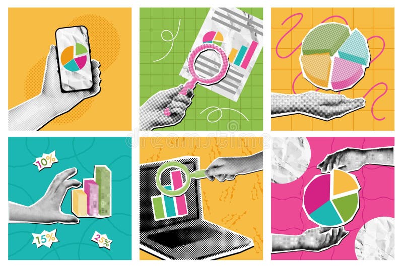 Mixed Media Research. Halftone Data Analysis and Statistics Collage ...