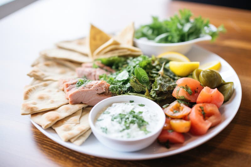 Mixed Meze Platter with Dolmas, Tzatziki, and Pita Bread Stock Image ...