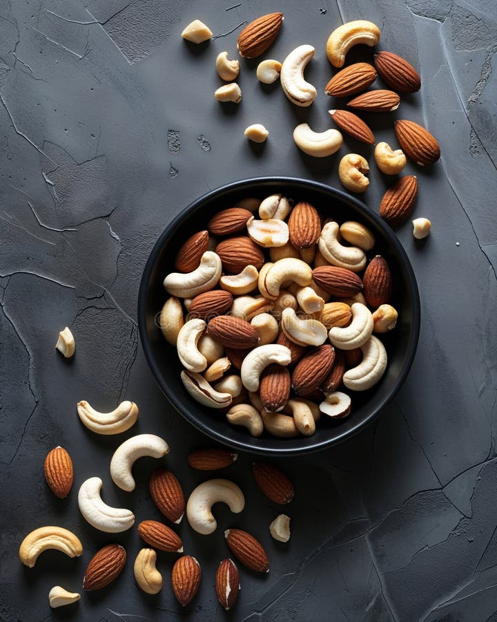 Mixed Nuts in Black Bowl on Gray Background Stock Illustration - Illustration of nutritious ...