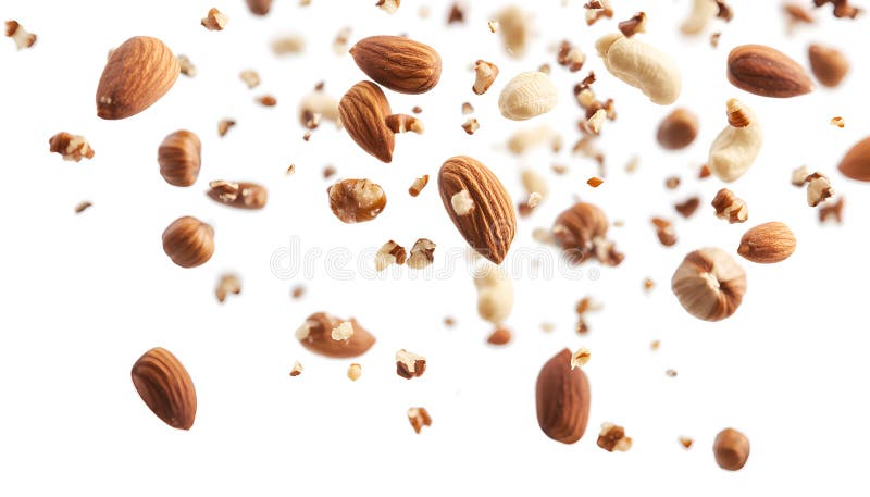 Mixed Nuts Falling and Flying on White Background. Almonds, Walnuts ...