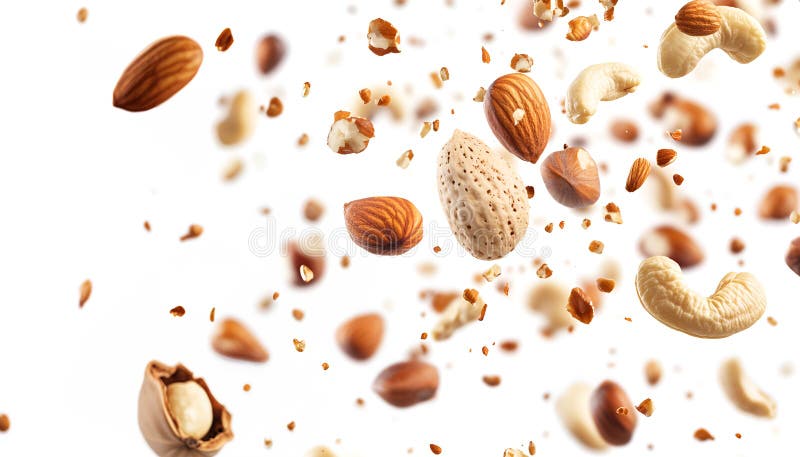 Mixed Nuts Falling and Flying on White Background. Almonds, Walnuts ...