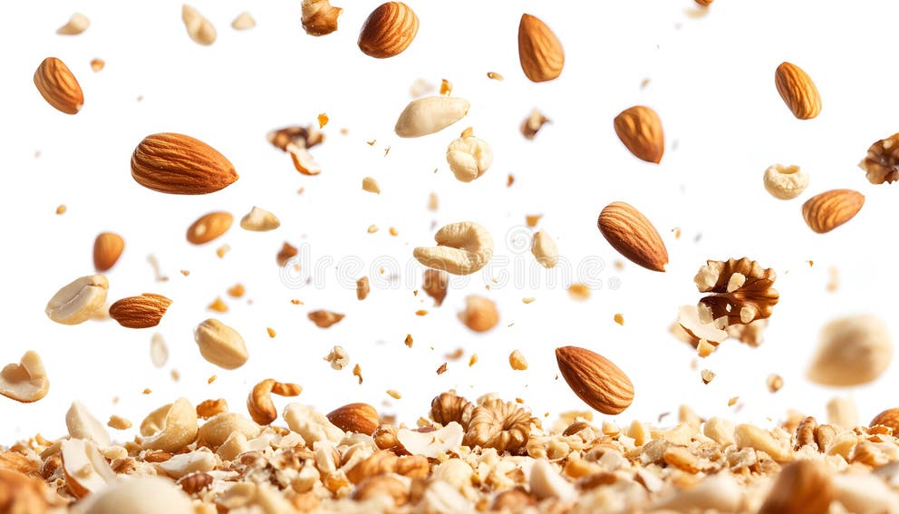 Mixed Nuts Falling and Flying on White Background. Almonds, Walnuts ...