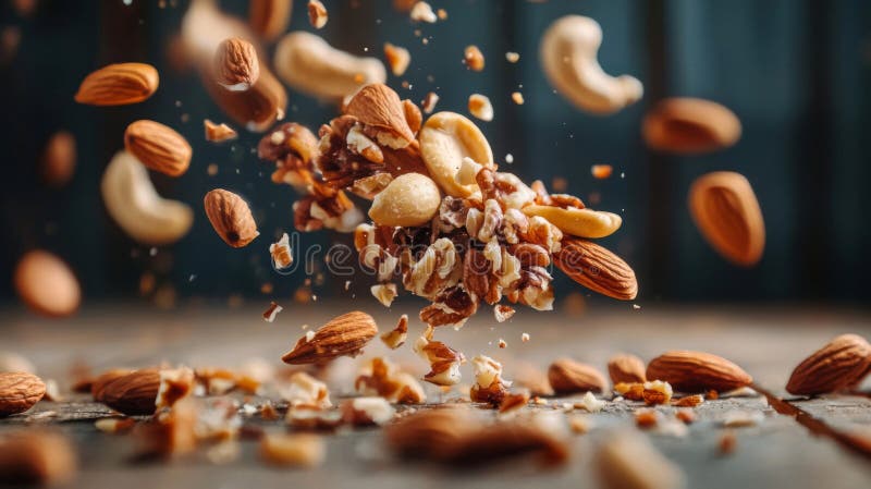 Mixed Nuts Falling on Wooden Surface Stock Illustration - Illustration ...
