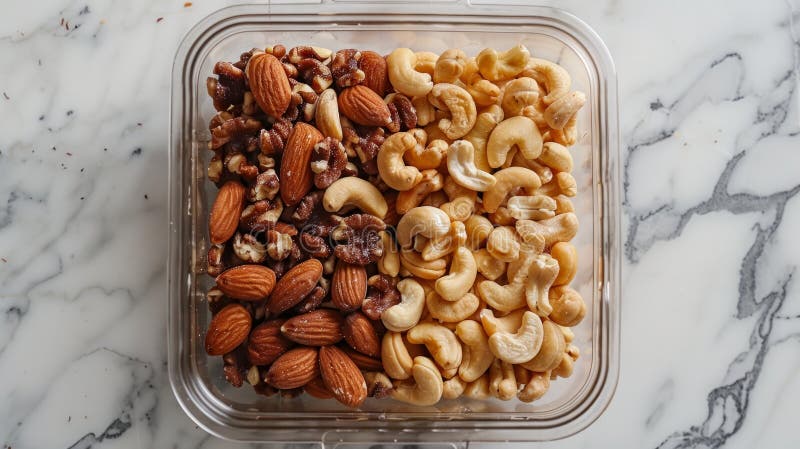 Mixed Nuts in Plastic Container on Marble Surface Stock Photo - Image ...