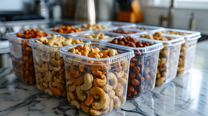 Mixed Nuts in Plastic Containers on Marble Countertop Stock Photo ...
