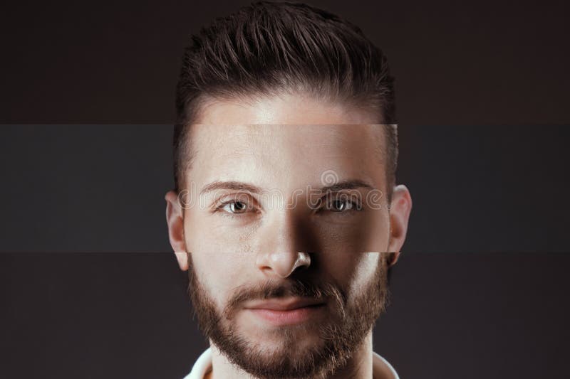 Mixed People Horizontal Split Face of Three Mans Look Neutral at Camera ...