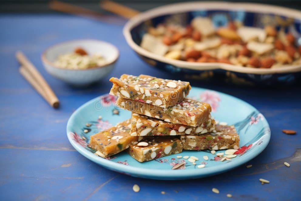 Mixed Raw Nut Bars on Blue Ceramic Dish Stock Image - Image of food ...