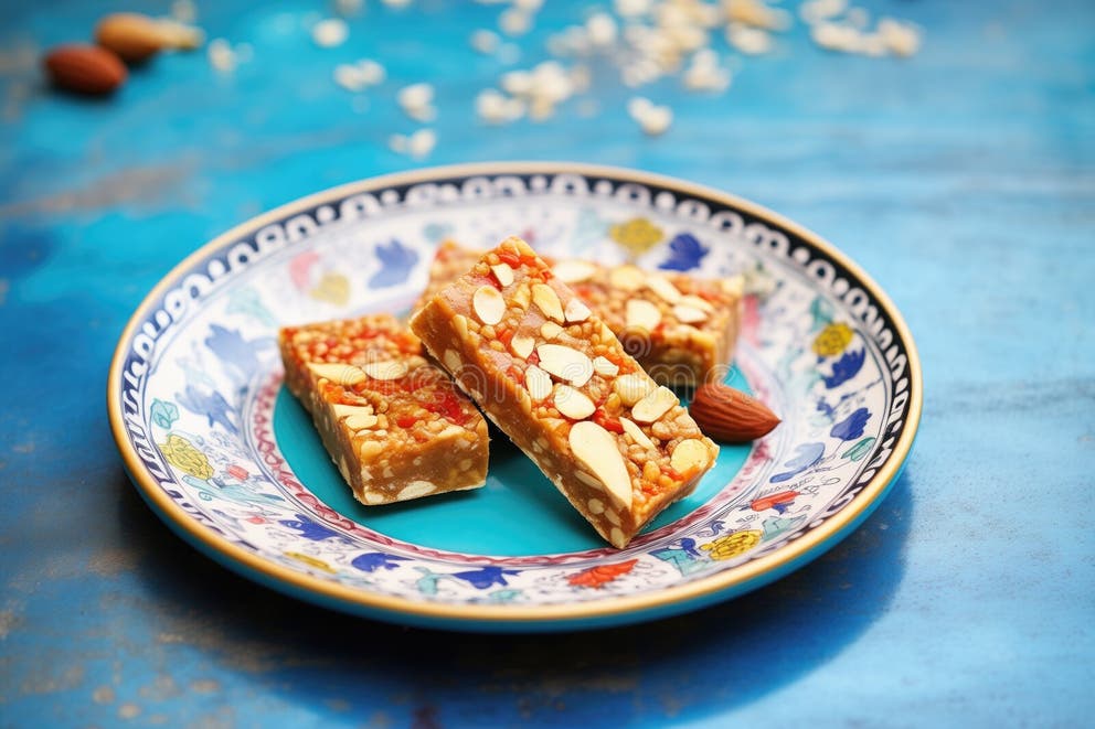 Mixed Raw Nut Bars on Blue Ceramic Dish Stock Photo - Image of food ...