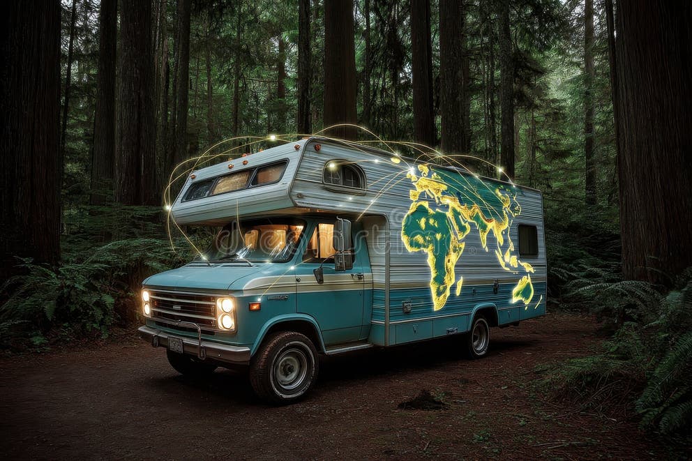 Mixed Reality Composition with Holographic Network in a Forest Setting Featuring Camper Van ...