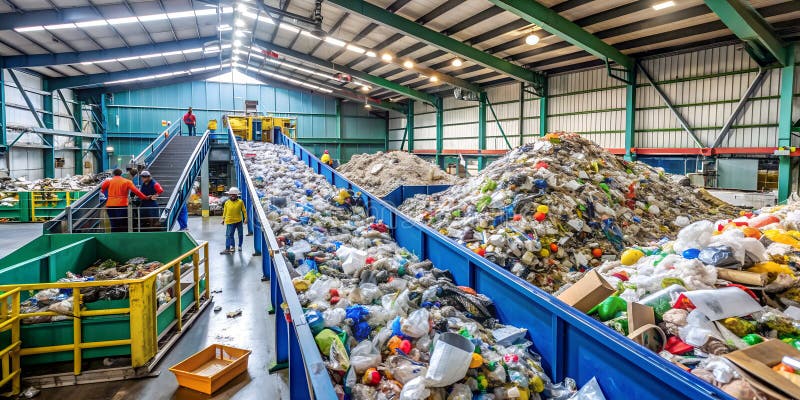 Mixed Recyclables and Waste Being Sorted in Recycling Center AI ...