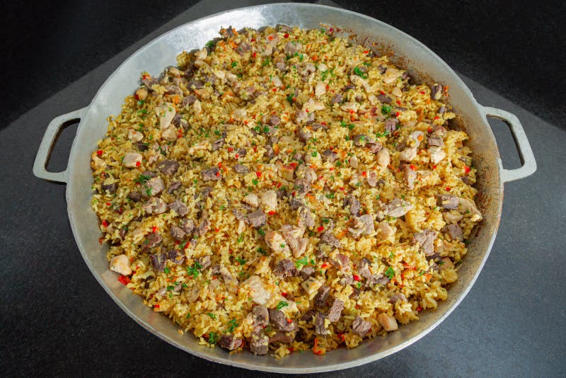 Mixed Rice with Meat Paella on a Rice Pot Stock Image - Image of ...