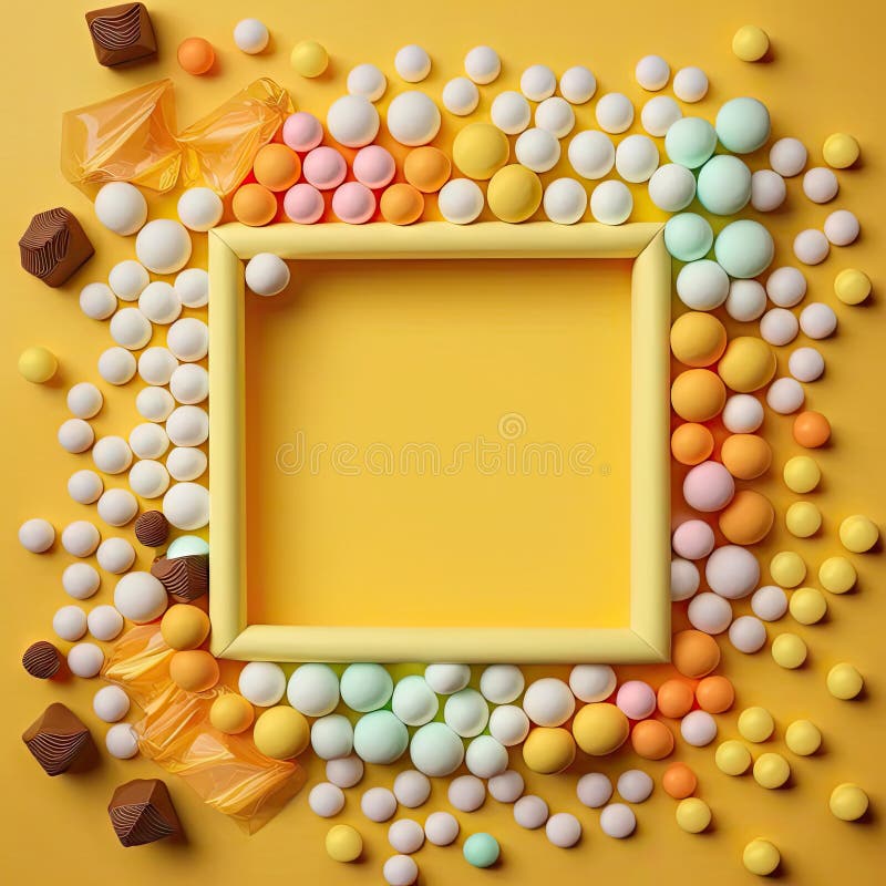 Mixed Round Colorful Candies, Sweets Lying on Yellow Background. Flat ...