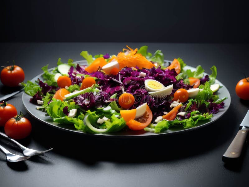 Mixed Salad on Rustic Table. Fresh Diet Salad Served in Plate with ...