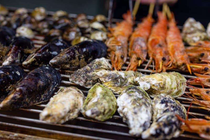 Mixed Seafood Barbecue on Grill Stock Photo - Image of meat, mixed ...