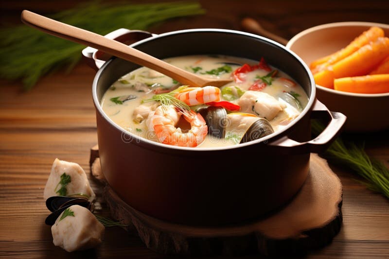 Mixed Seafood Chowder in Pot with Wooden Spoon Stock Photo - Image of ...