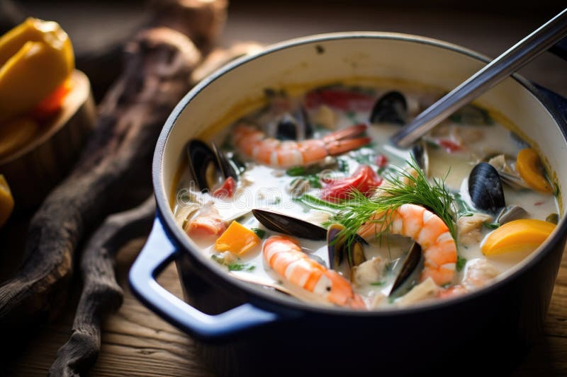 Mixed Seafood Chowder in Pot with Wooden Spoon Stock Photo - Image of ...