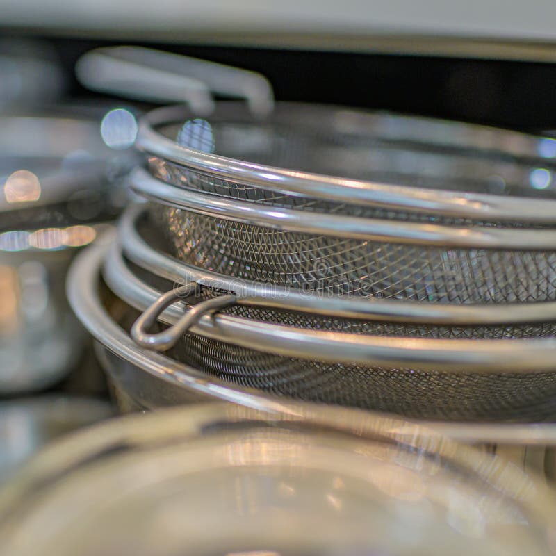 A Mixed Stack of Stainless Steel Strainers. Stock Image - Image of chef ...