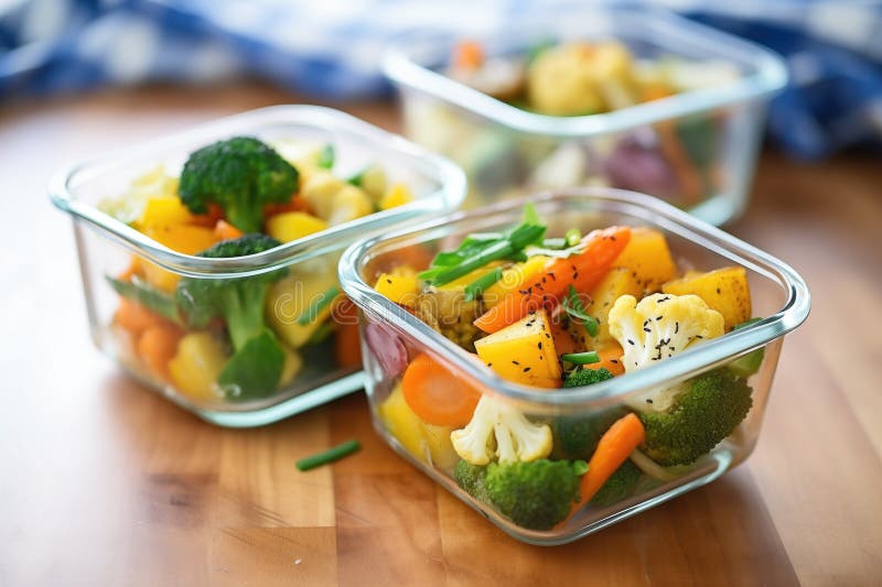 Mixed Steamed Vegetables in Glass Meal Prep Containers Stock ...
