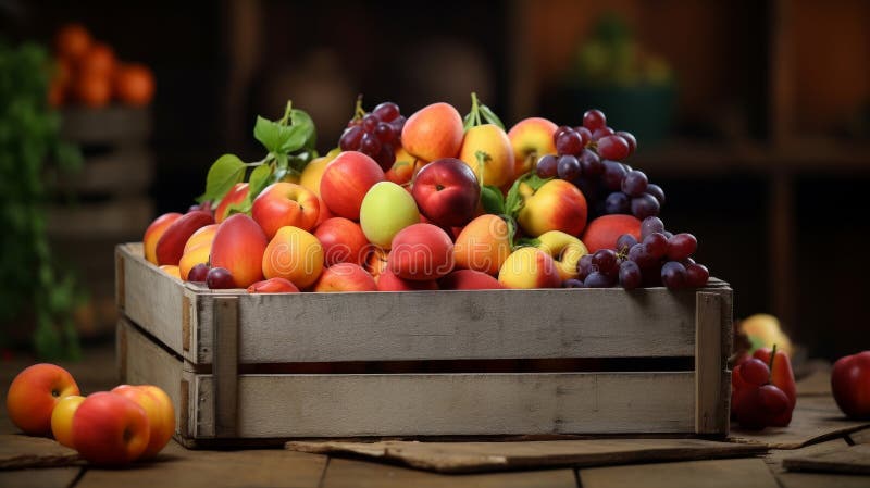 Mixed Stone Fruits in Rustic Wooden Crate Stock Illustration ...