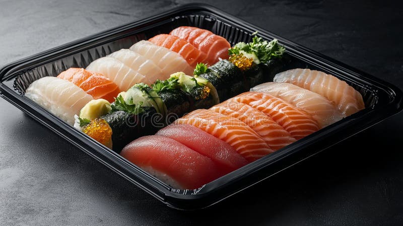 Mixed Sushi-grade Fish Fillets in Chilled Display with Garnish. Stock ...
