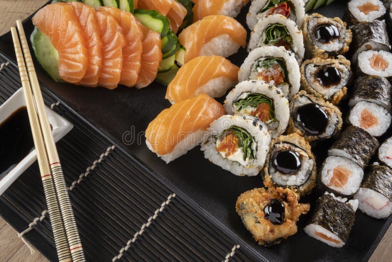 Mixed Sushi Roll and Salmon Sashimi Stock Image - Image of japan ...