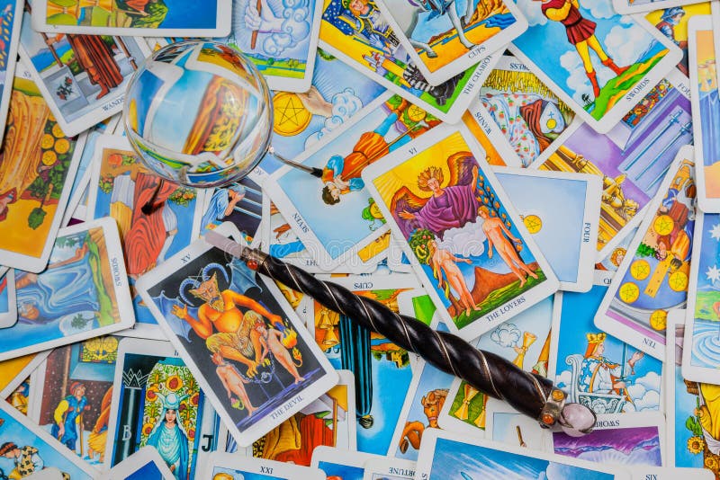 Mixed Tarot Cards on the Table with a Magic Ball. Stock Image - Image ...