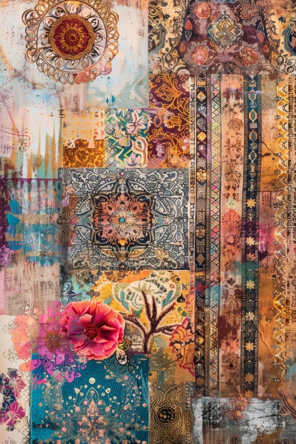 Mixed Textures and Floral Designs in Boho Style Collage Stock ...